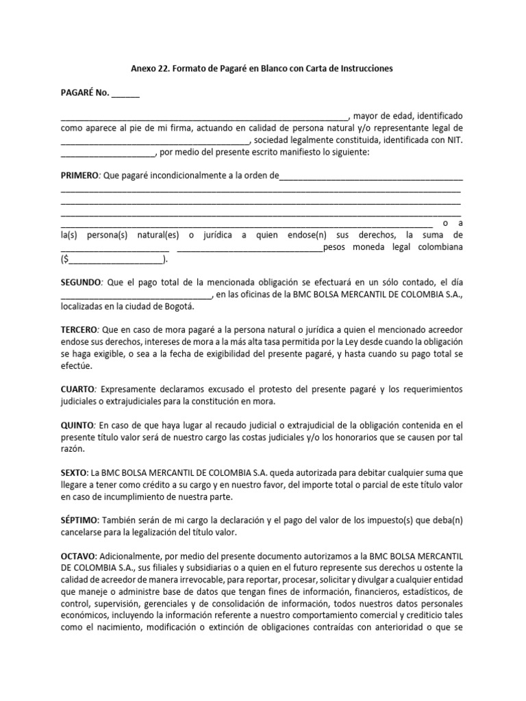 Anexo 22. Formato de Pagaré en Blanco Con Carta de Instrucciones | PDF Anexo 22. Formato de Pagaré en Blanco Con Carta de Instrucciones | PDF