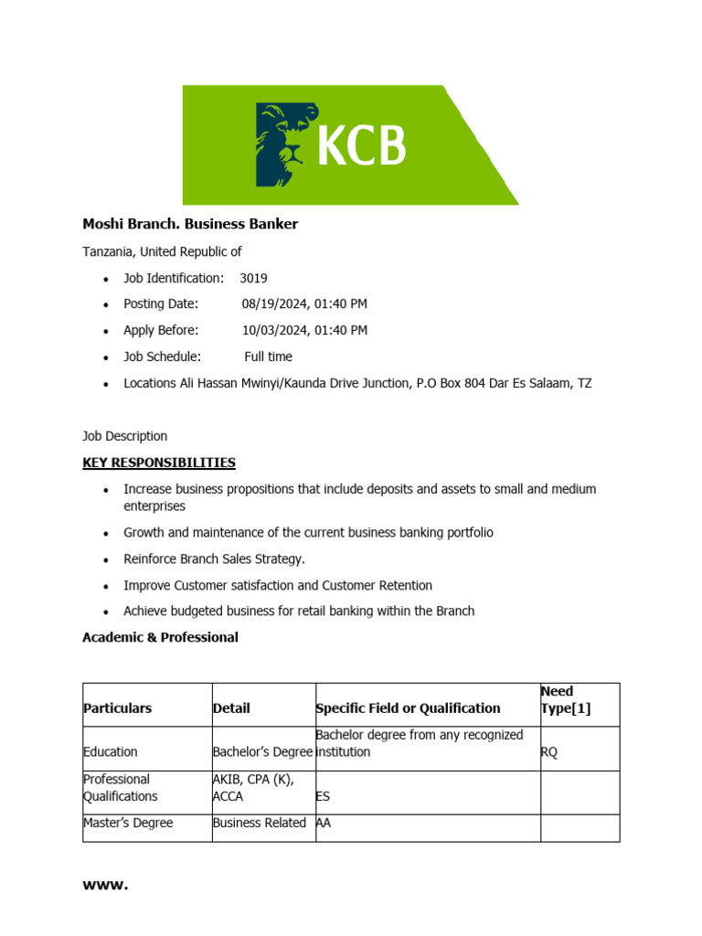 KCB Bank Vacancies | PDF | Crecimiento personal y profesional | Finanzas y administración del dinero