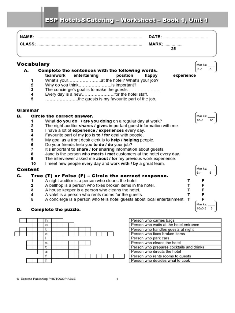 2 Esp Hotels Catering Worksheet Book 1 Unit 1 | PDF