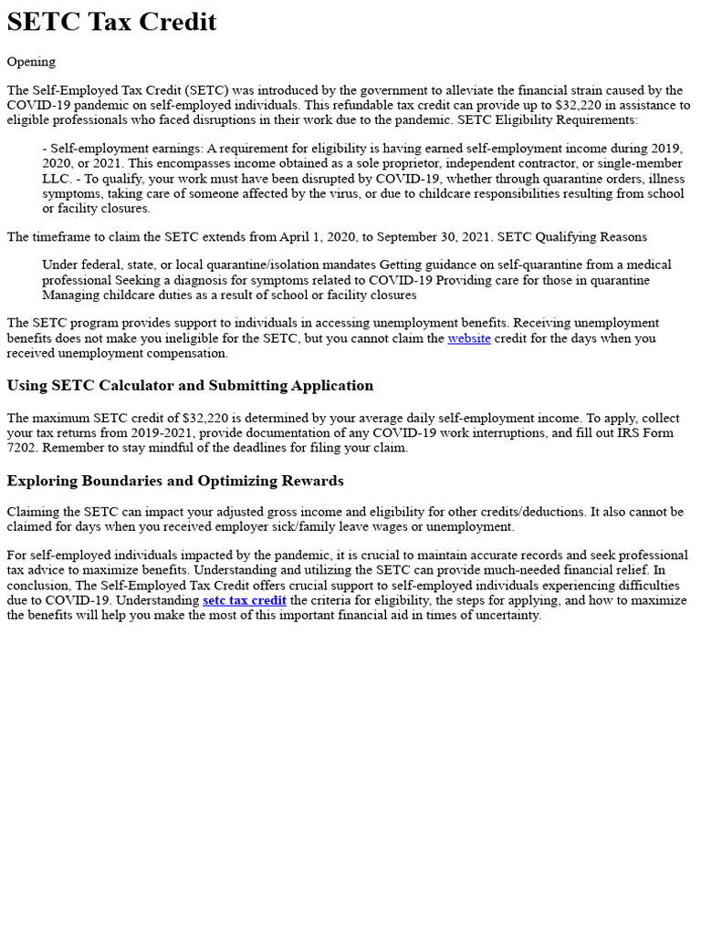 SETC Tax Credit Origin 127652 | PDF | Self Employment | Finance & Money Management