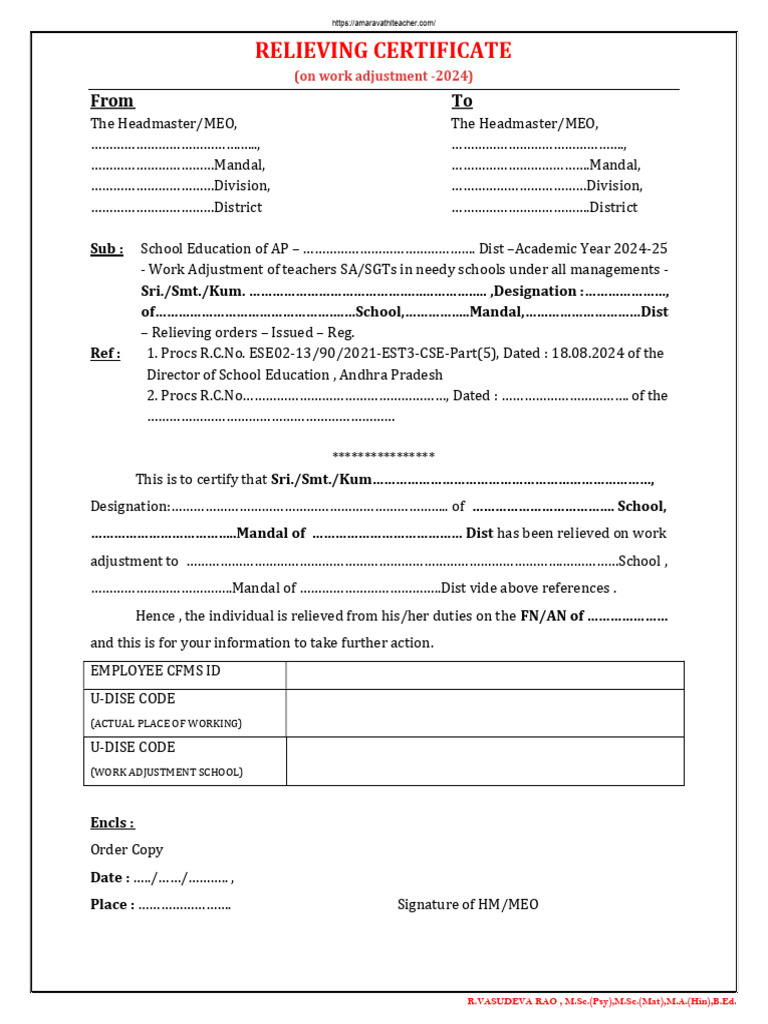 Relieving Certificate Work Adjustment 2024-1 | PDF