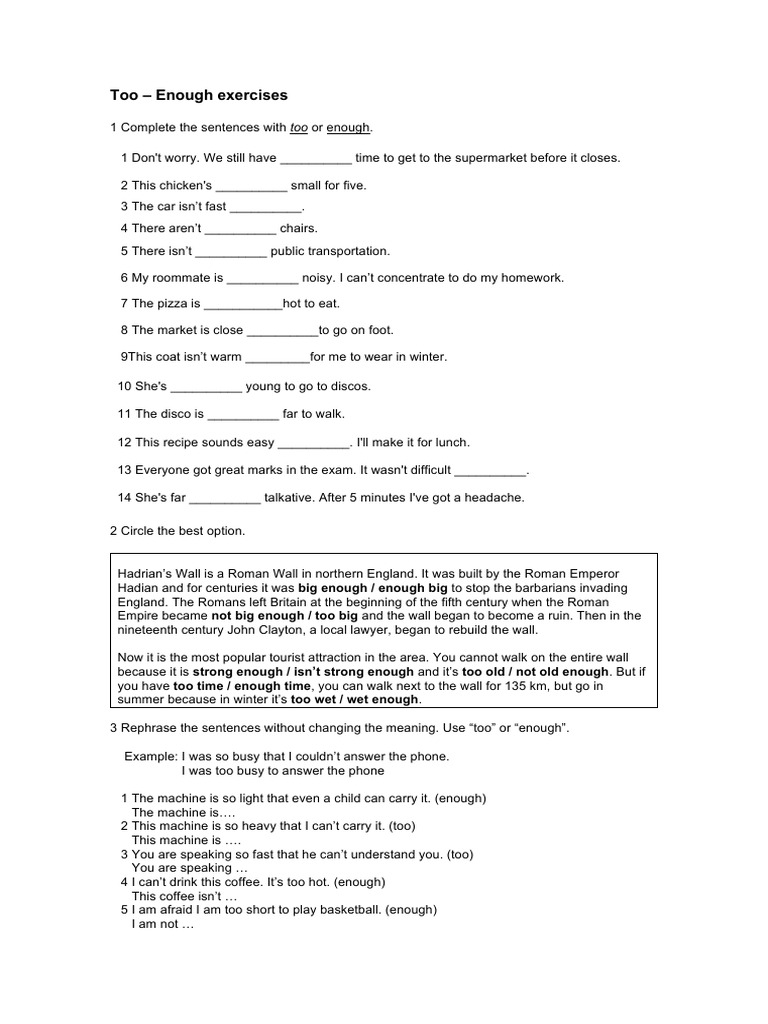 TOO - ENOUGH Exercises | PDF