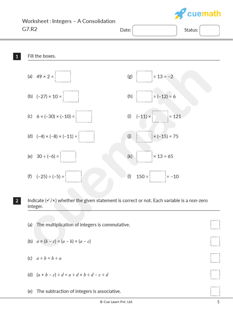 Class 7 Maths Worksheet Integers | PDF