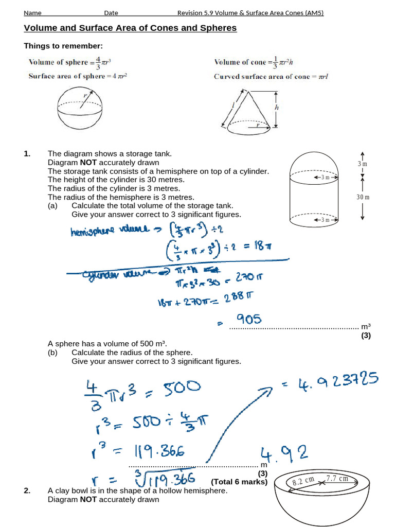 5.9 Volume and SA Spheres and Cones | PDF