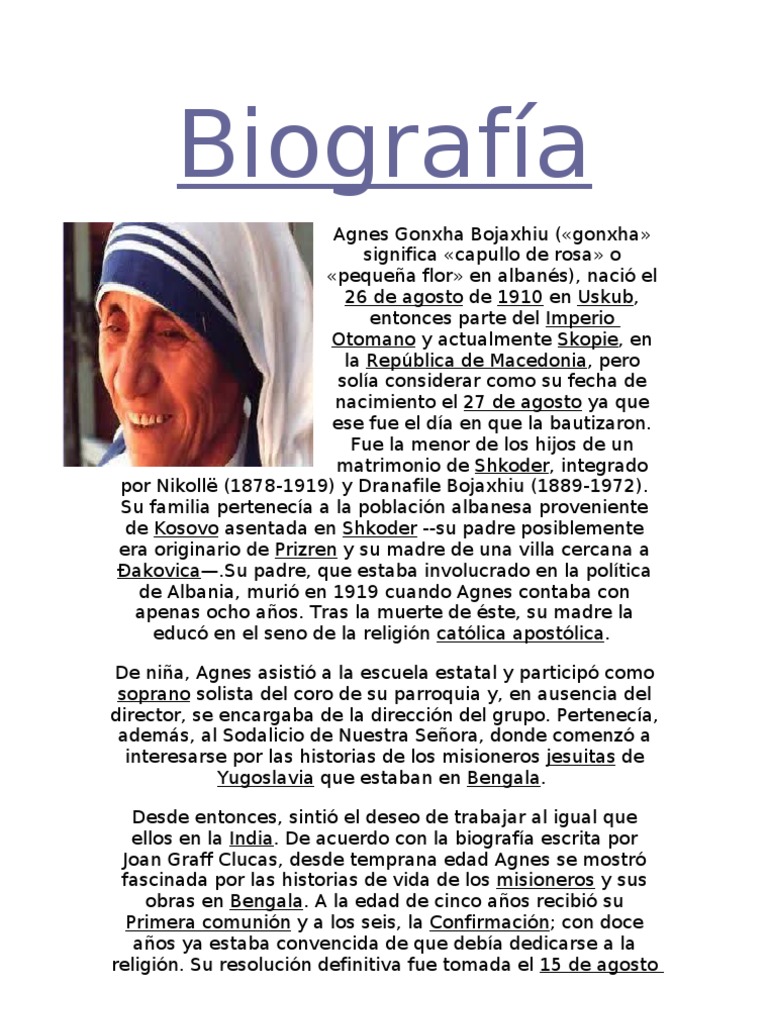 Biografía santa teresa de calcuta.......... | Madre Teresa | Amor