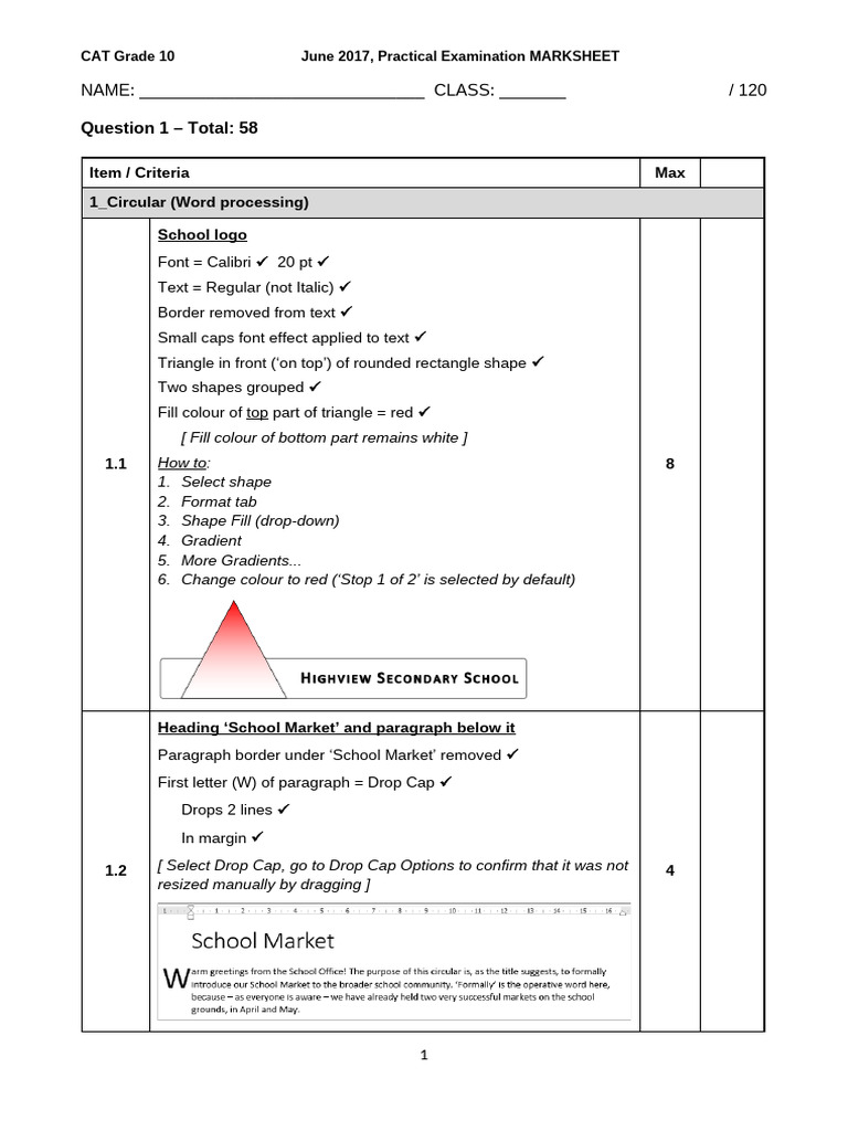 CAT Gr10 Prac MARKSHEET June2017 StudyOpp | PDF