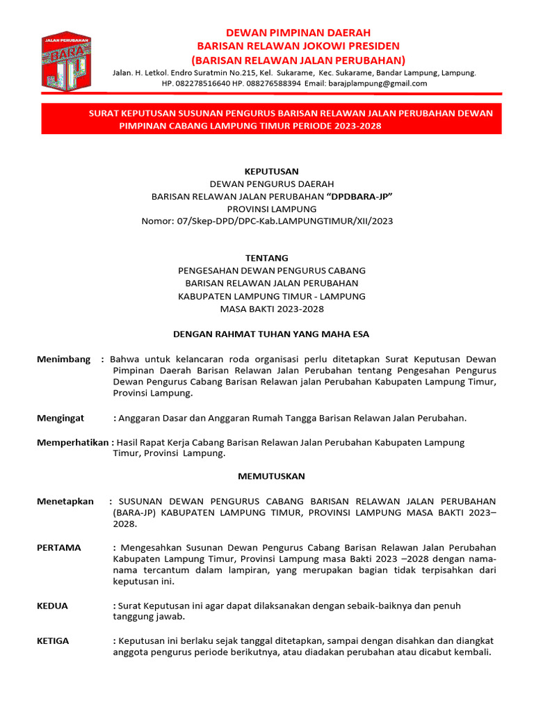 SK DPC Lampung Timur 2024 | PDF