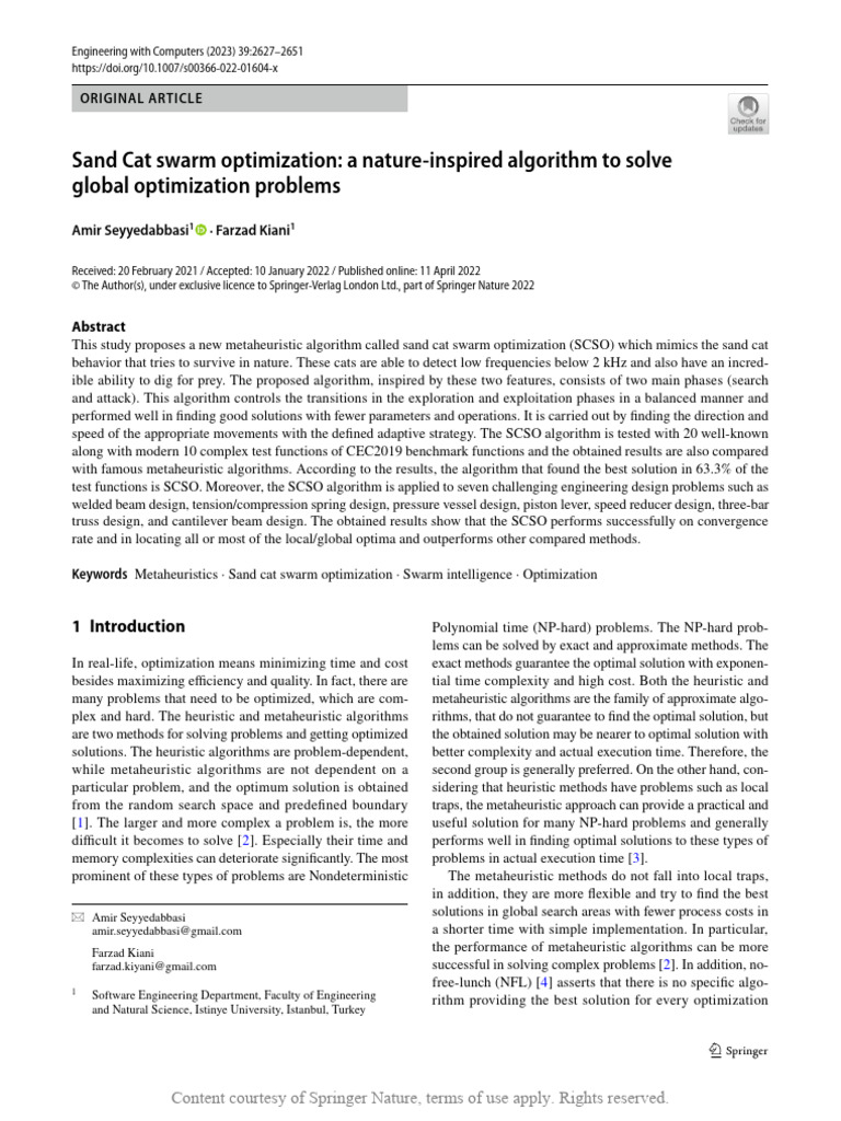 Sand Cat Swarm Optimization A Nature-Inspired Algo | PDF