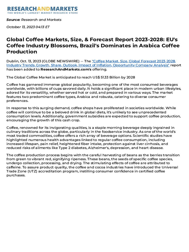 Global Coffee Markets Size Forecast Report 2023 | PDF