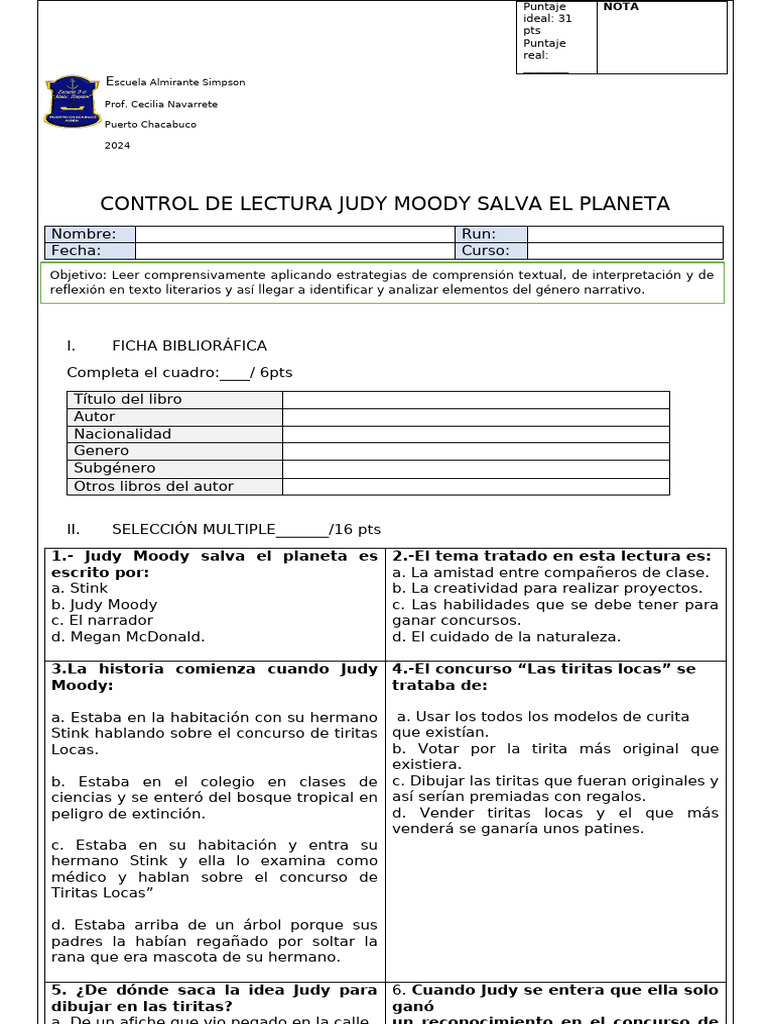 Control de Lectura Judy Moody | PDF