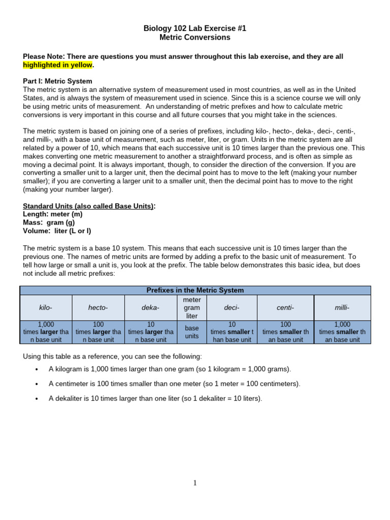 Bio 102 Lab #1 Metric Conversions | PDF