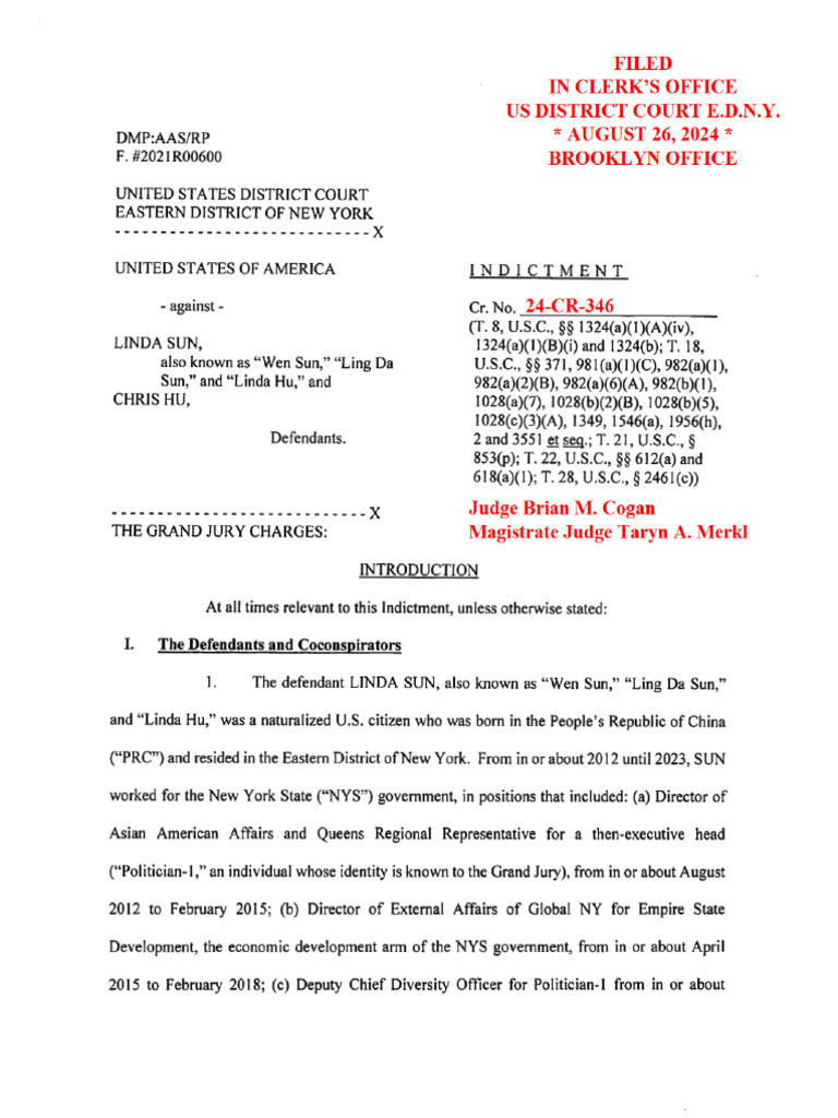 Linda Sun and Chris Hu Indictment | PDF
