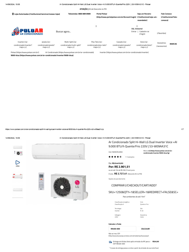 Ar Condicionado Split Hi-Wall LG Dual Inverter Voice +AI 9.000 BTU - H Quente - Frio 220V - S3 ...