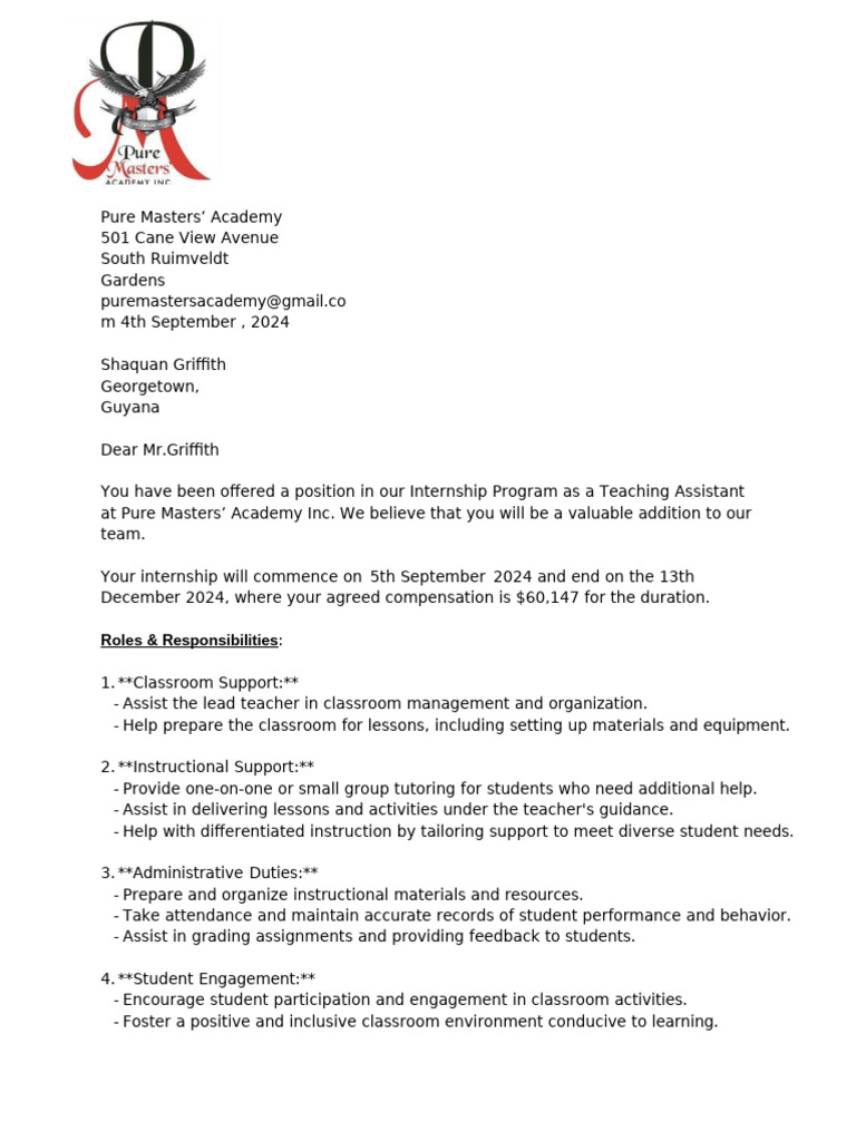 Internship Letter- Mr.Griffith | PDF