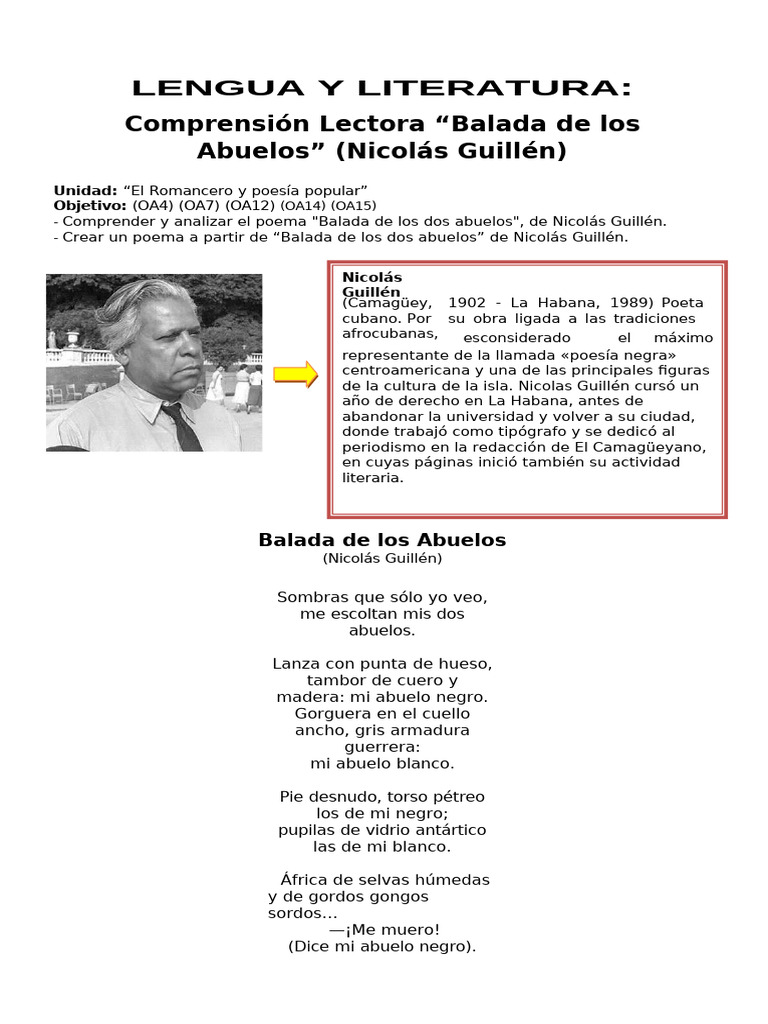 7° - Guía Comprensión Balada de Los Abuelos (Nicolás Guillén) | PDF