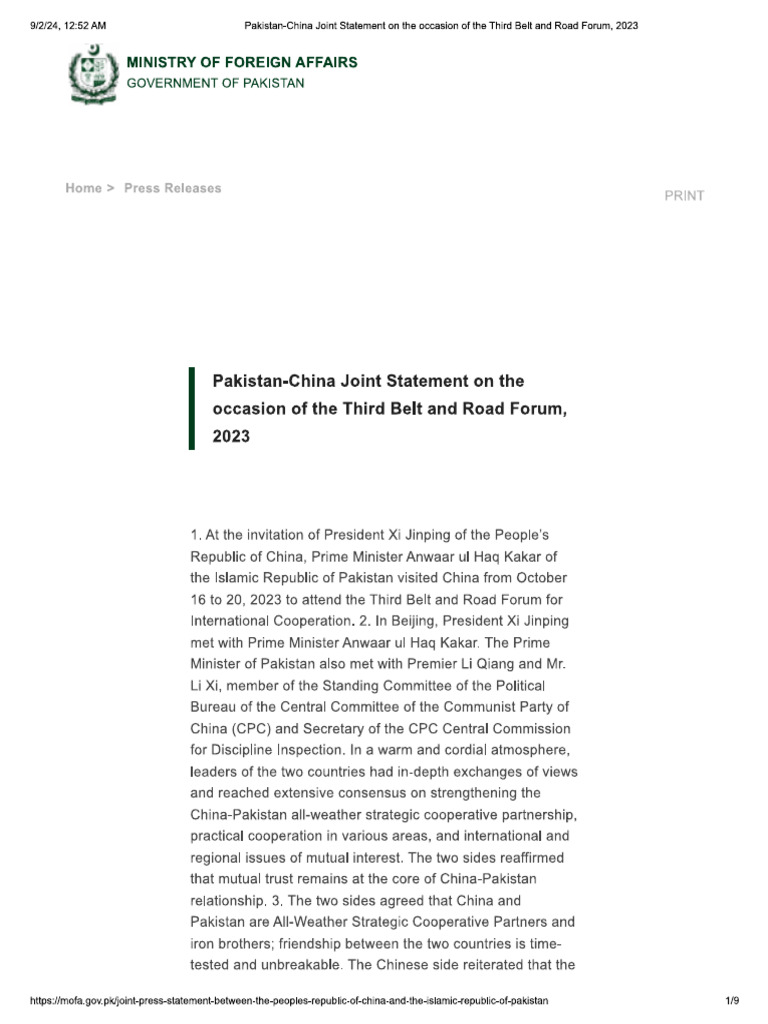 Pak China Joint Statement 2023 | PDF