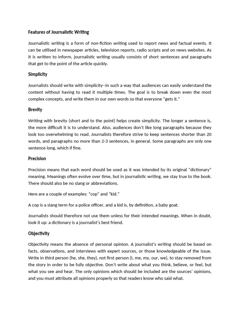 Features of Journalistic Writing | PDF