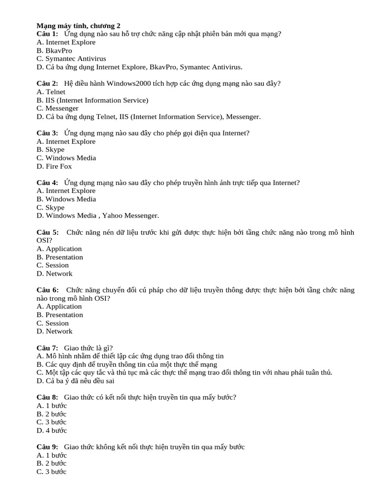 Câu hỏi ôn tập chương 2 - MMT | PDF