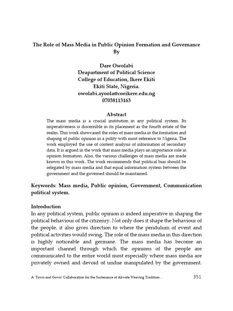 21 The Role of Mass Media in Public Opinion Formation and Governance ...
