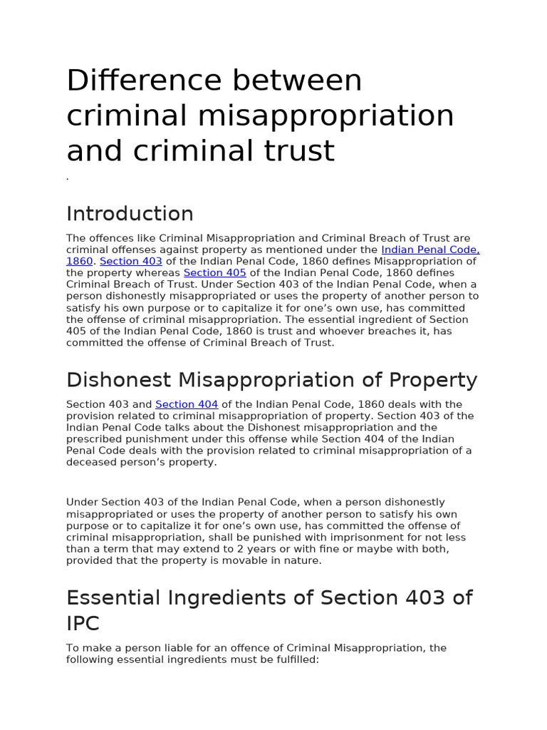 Difference Between Criminal Misappropriation and Criminal Trust | PDF ...
