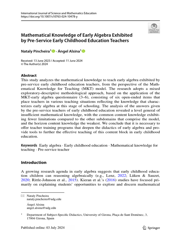 Pincheira & Alsina (2024) Mathematical Knowledge of Early Algebra ...