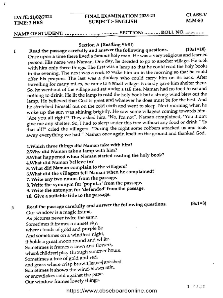 Class 5 English Previous Year Paper 2024 | PDF