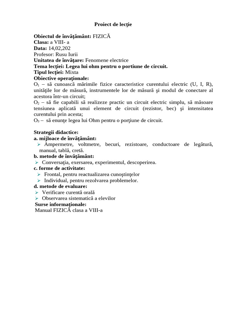 Proiect de Lectie Legea Lui Ohm | PDF