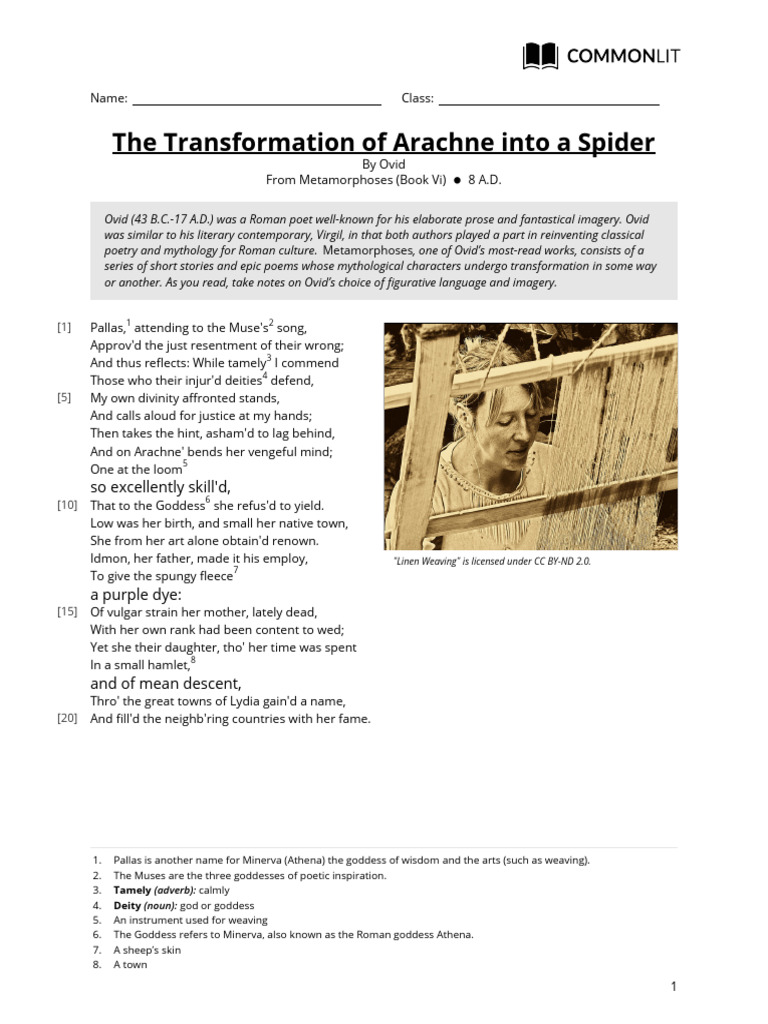 Commonlit - The Transformation of Arachne Into A Spider - Student | PDF ...