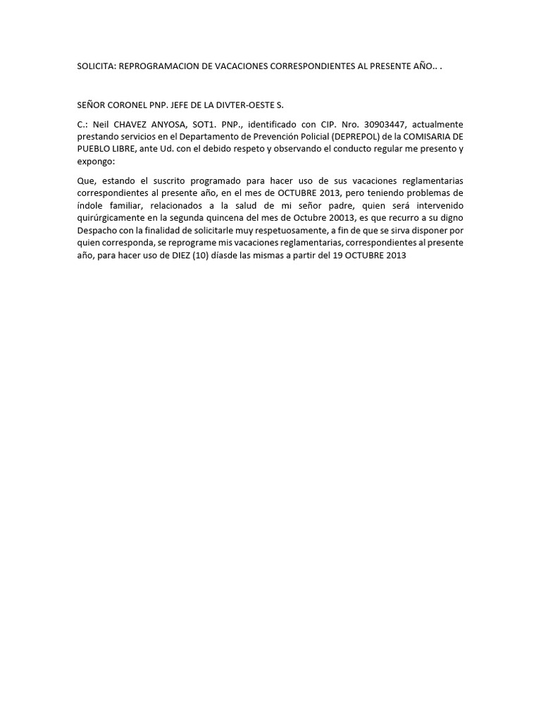 Solicitud Reprogramacion de Vacaciones | PDF