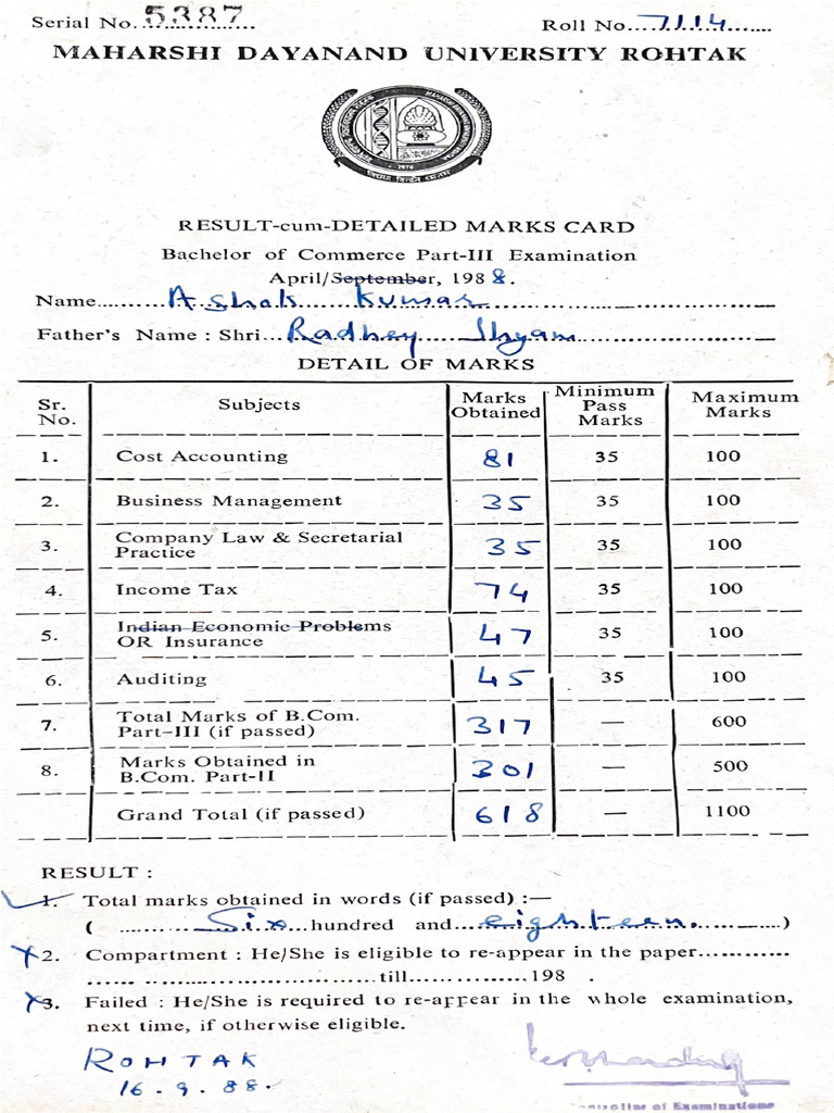 Mark Sheet Bcom | PDF