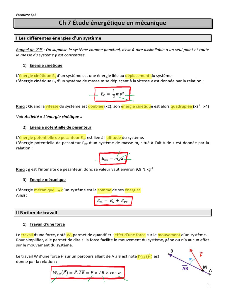 CH 7 Etude E-Nerge-Tique en Me-Canique - Cours | PDF