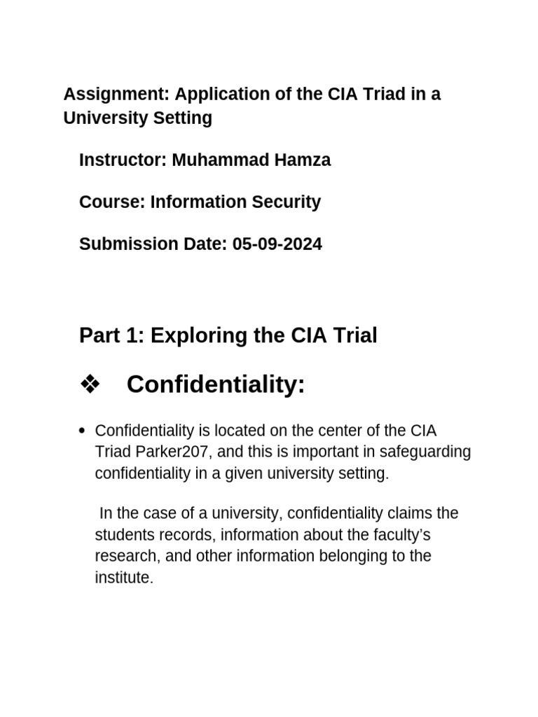 Assignment - Application of The CIA Triad in A University Setting | PDF