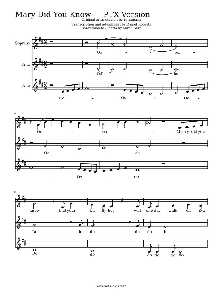 Mary Did You Know - PTX Modified 3-Part Arrangement of Daniel Roberts ...
