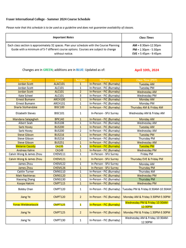 Summer 2024 FIC Student Course Schedule April 10th | PDF