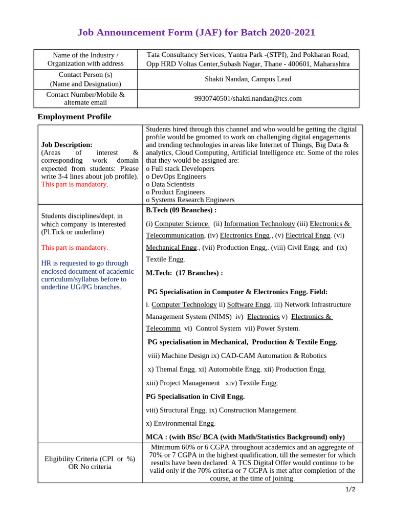 VJTI Job Ann Form JAF 2020-21 | PDF
