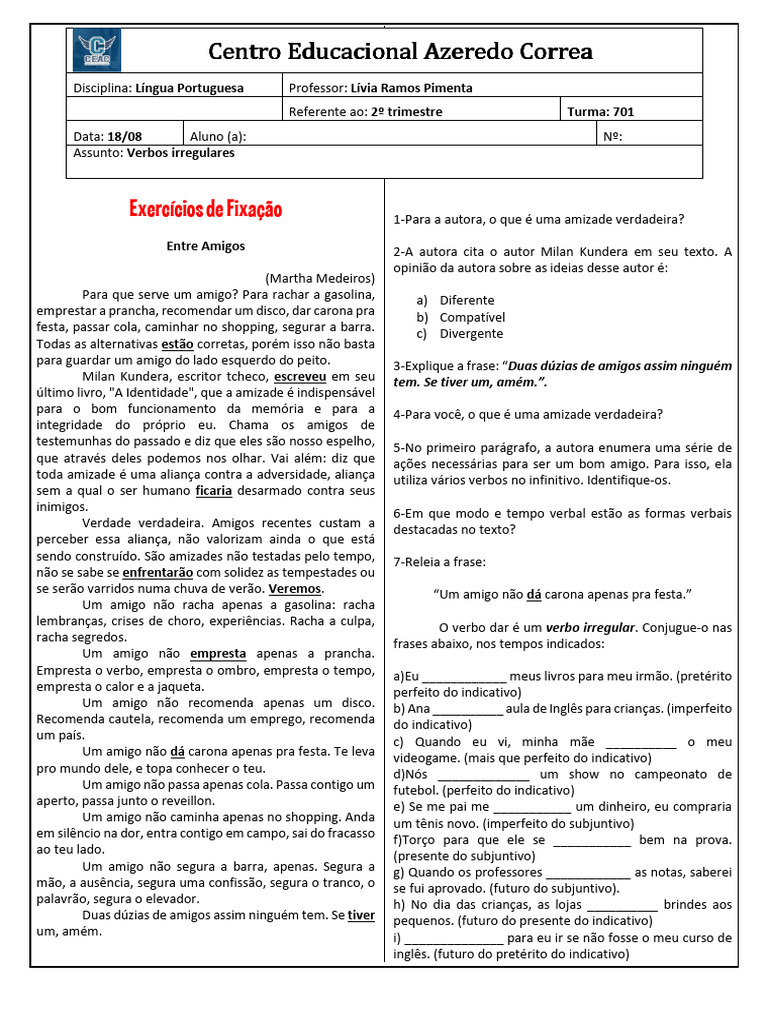 Atividade Lingua Portuguesa 7ano Semana 26 | PDF | Tipologia linguística | Mecânica da linguagem