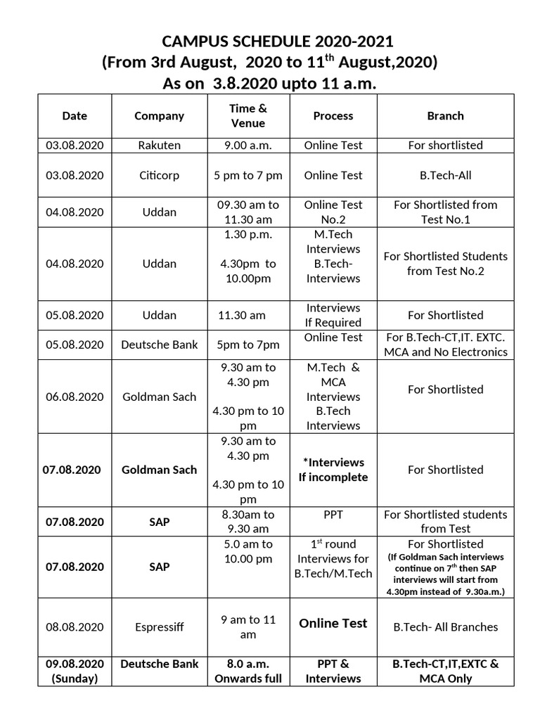 Campus Schedule From 3.8.2020 To 11.8.2020 As On 3.8.2020 | PDF