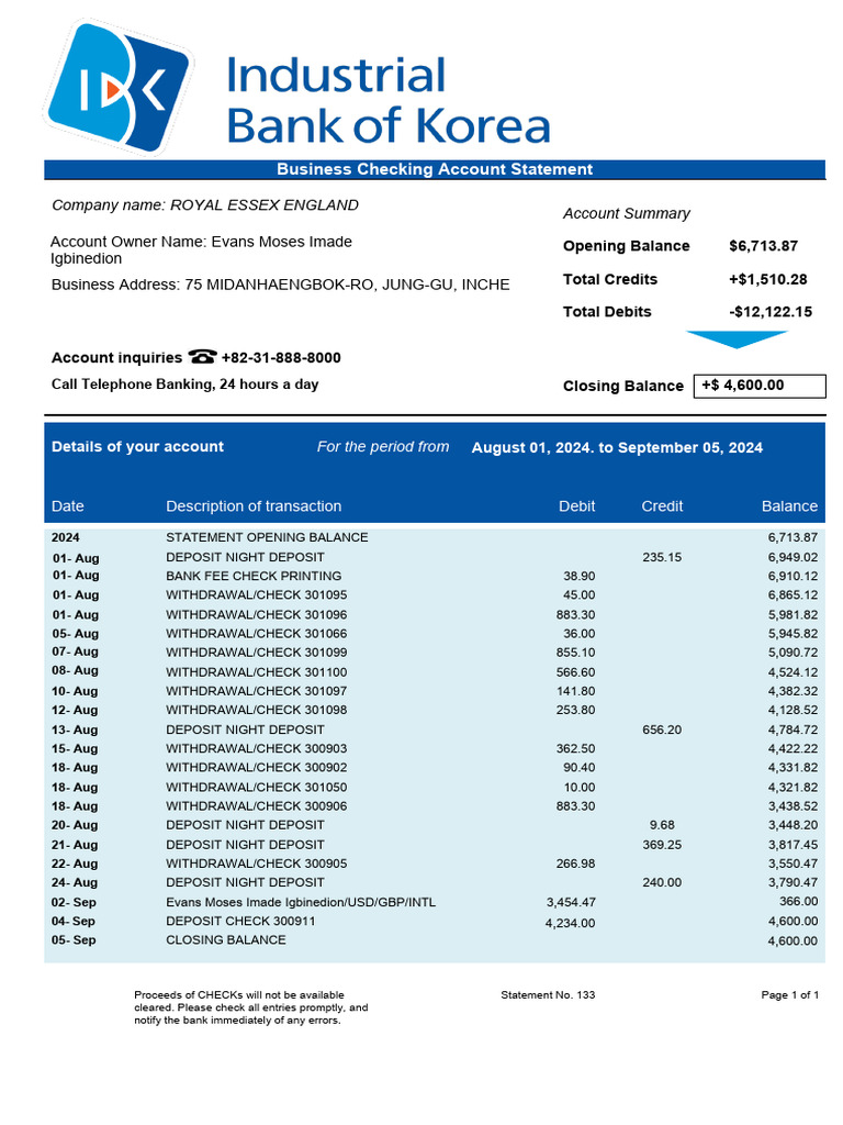 Industrial Bank of Korea Business Statement AUG:SEP 2024 | PDF