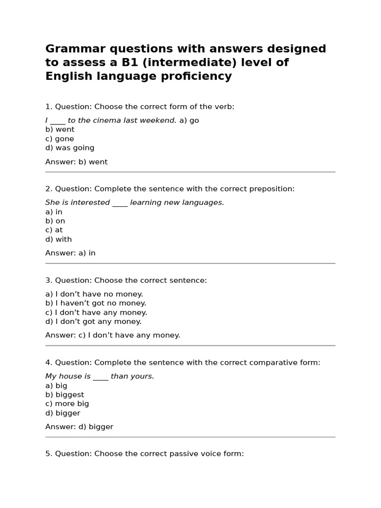 Grammar Questions With Answers Designed To Assess A B1 (Intermediate ...