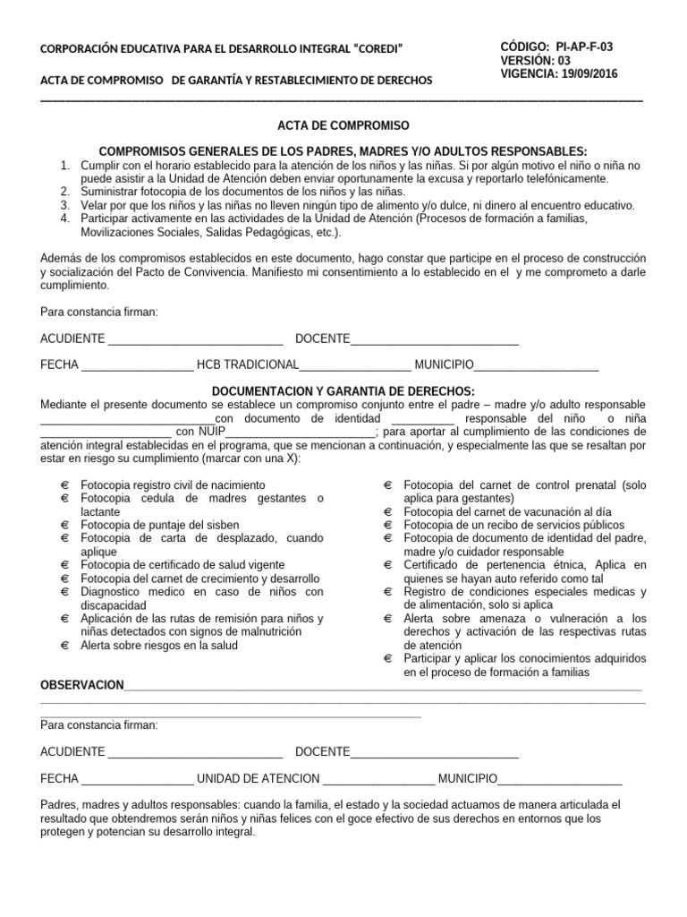 ACTA DE COMPROMISO DE GARANTIA Y RESTABLECIMIENTO DE DERECHOS | PDF