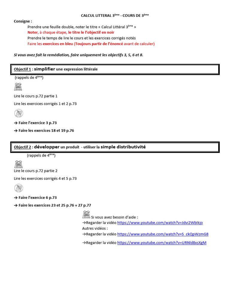 Calcul Litteral 3eme COURS DE 3eme | PDF