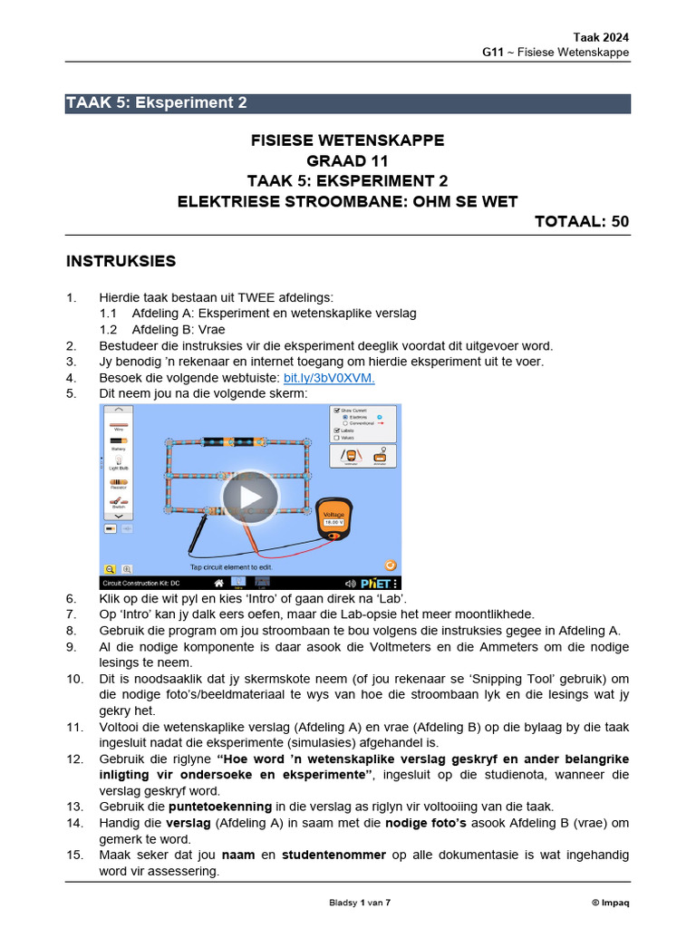 Fisiese Wetenskappe Graad 11 Taak 5: Eksperiment 2 Elektriese ...