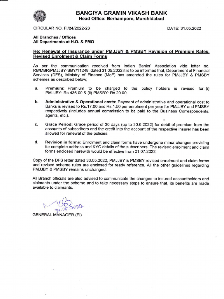 24-Renewal of Insurance under PMJJBY & PMSBY Revision of Premium Rates ...