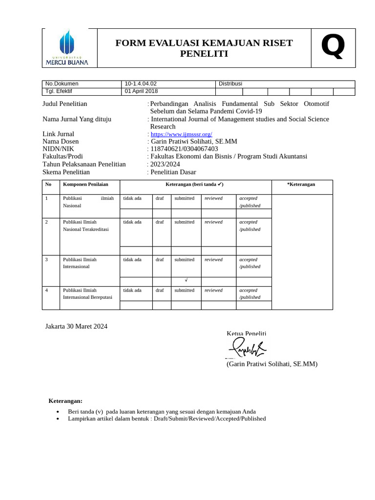 Form Evaluasi Kemajuan Riset Peneliti | PDF
