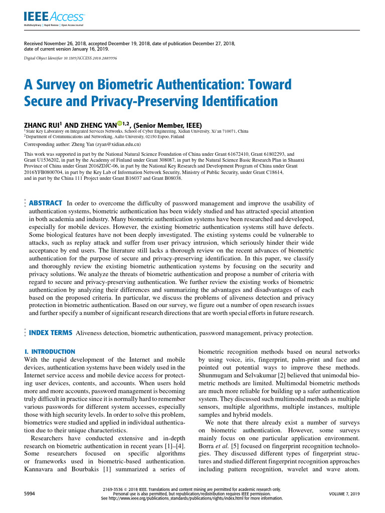 A Survey On Biometric Authentication Toward Secure and Privacy-Preserving Identification | PDF