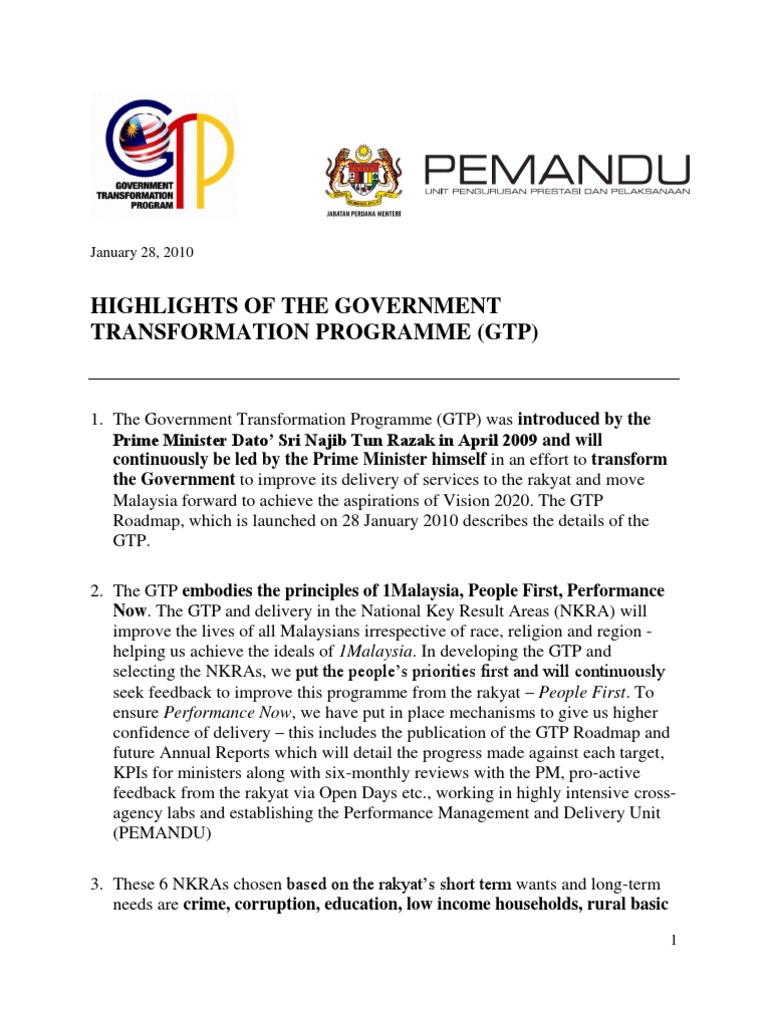 Highlights of The Government Transformation Programme (GTP) : January ...