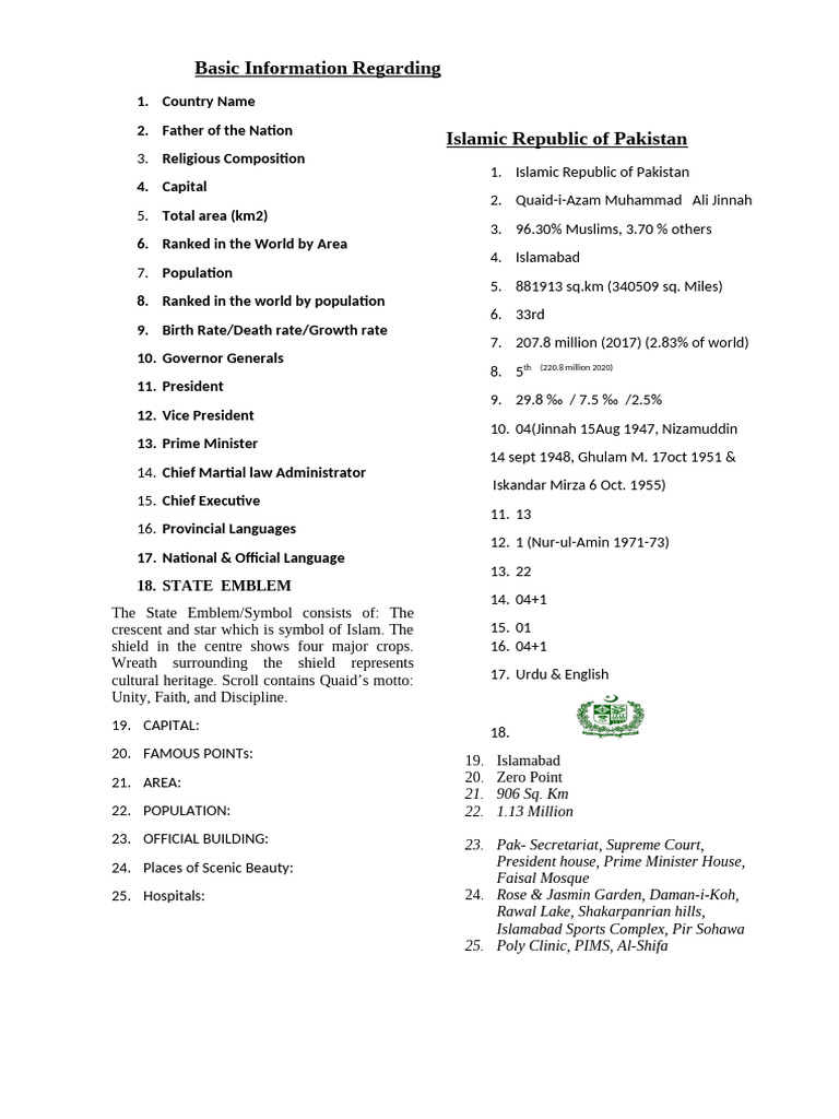 Basic Information Regarding Pakistan | PDF