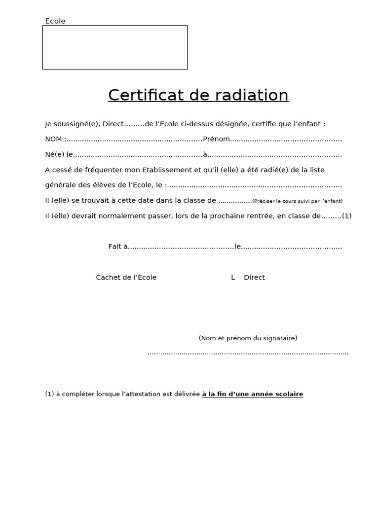 Certificat de Radiation | PDF