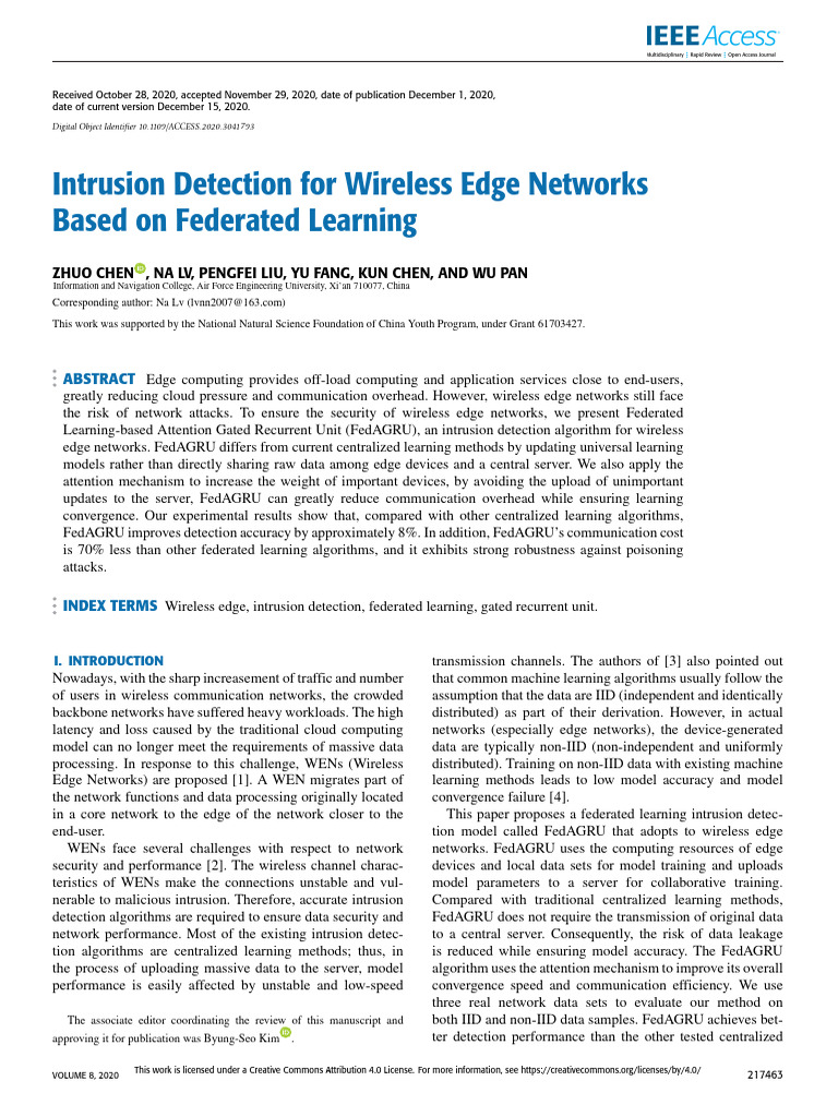 Intrusion Detection For Wireless Edge Networks Based On Federated Learning | PDF