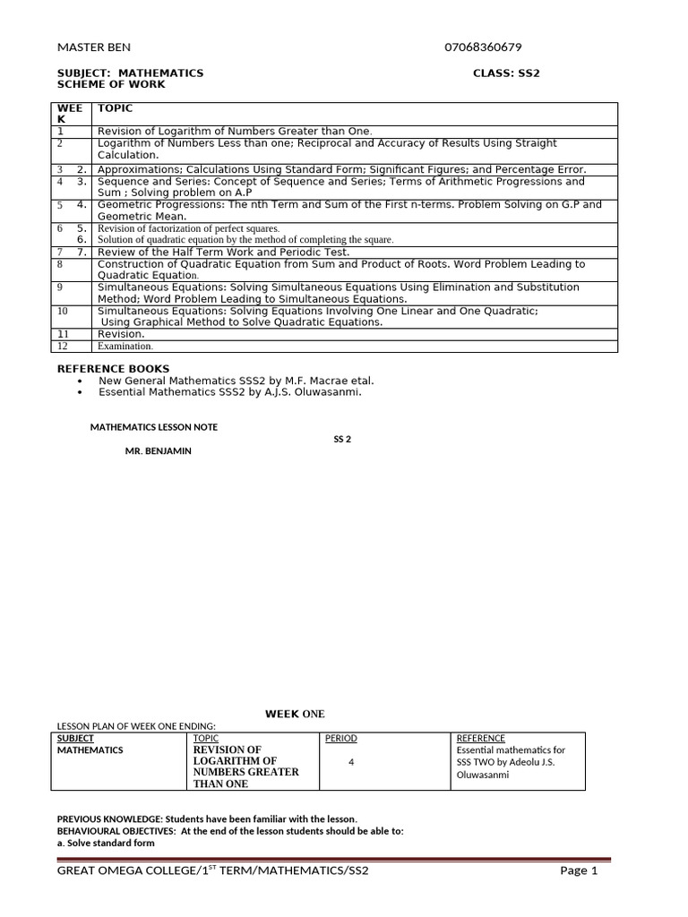 1ST Term S2 Mathematics | PDF
